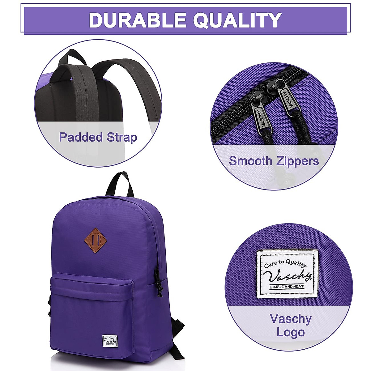 VASCHY Lightweight Backpack for School, Classic Basic Water Resistant Casual Daypack for Travel with Bottle Side Pockets (Purple)