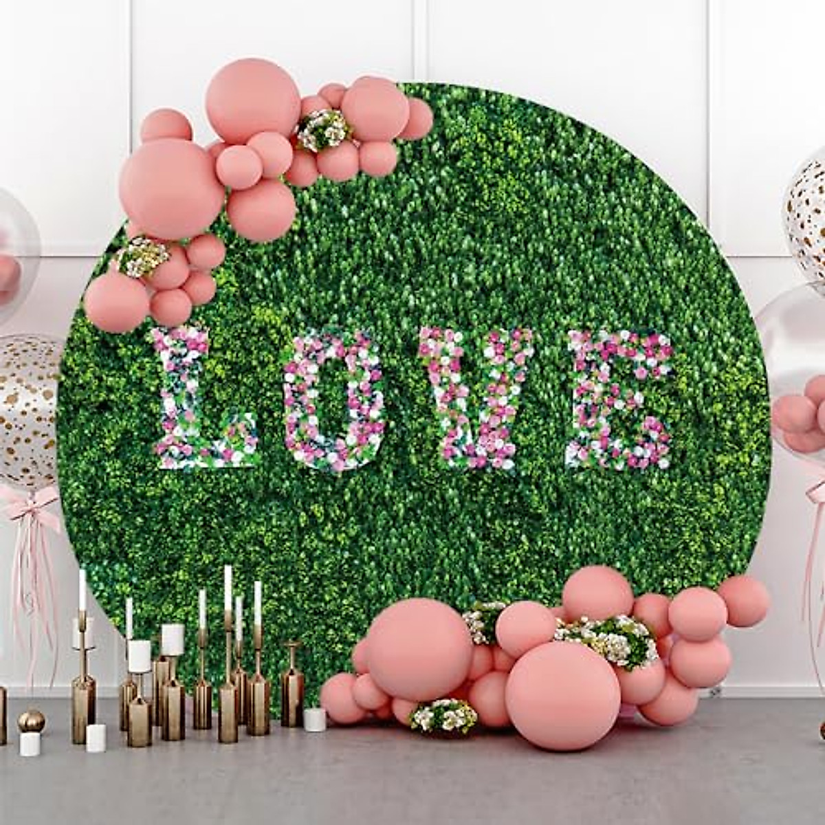 AWERT Polyester Diameter 5ft Round Green Leaf Wall Backdrop with Love Font Wedding Ceremony Bridal Shower Valentine's Day Mother's Day Photography Background Baby Shower Decoration Supplies