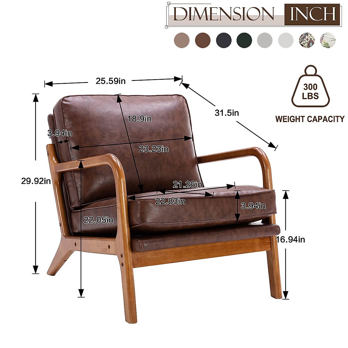 Upholstered Mid Century PU Leather Accent Chair, Comfy Lounge Armchair with Thicken Cushion, Modern Wooden Arm Chair, Sturdy Reading Chair for Living Room, Bedroom, 300 LBS Weight Capacity, Brown