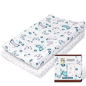 My Little Zone 100% Cotton Changing Pad Cover for Baby Girls, Floral - Breathable Bassinet, Mini Crib Mattress Fitted Sheets - Butterfly Blossom, 32"x16" with 8" Deep Pocket, White-Light Pink, 2 Pack