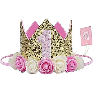 Haomaomao Baby Birthday Crown, Girls Party Hat Princess Gold Flower Tiara Photo Props Decorations Birthday Gifts (1st Birthday Crown)