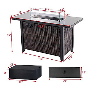 Outdoor Propane Gas Fire Pit Table, 43 Inch 50,000 BTU Auto-Ignition Propane Fire Pit Table, CSA Approved with Glass Wind Guard, Waterproof Cover, Lava Stone for Outdoor Garden/Patio.