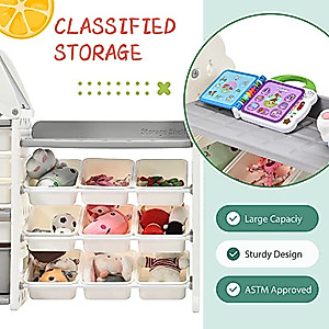Toy Storage Organizer with 14 Bins, Multi-functional Nursery Toy Shelf, Kids Toy Chest for Boys&Girls with HDPE Shelf and Bins for Playroom, Bedroom, Living Room, Gray