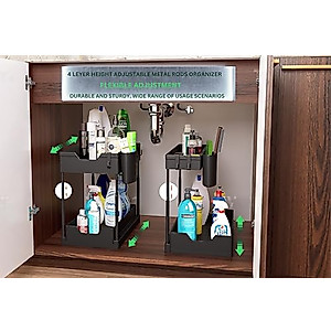 2 Sets of 2 -Tier Multi-Purpose Under Sink Organizer and Storage, Adjustable Height Pull Out Under Sink Kitchen Bathroom Cabinet with 8 Hooks and 2 Hanging Cup, Kitchen Sink Splash Guard
