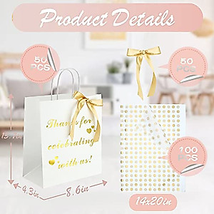 50 Pcs Wedding Gift Bags Bridal Welcome Bags with Ribbons Tissue Paper Wedding Favor Gold Foil Bags Thank You Gift Bags with Handles for Guest Birthday Party Baby Shower, 8 x 4.5 x 10 Inch (White)