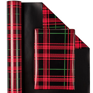WRAPAHOLIC Reversible Wrapping Paper - Mini Roll - 17 Inch X 33 Feet - Red and Black Plaid Design for Birthday, Christmas, Holiday, Party, Baby Shower