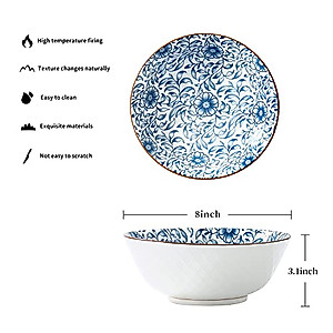 YALONG 8 Inch 40 Ounce Ceramic Bowls for Kitchen Deep Soup Pho Bowls, Blue White Large Porcelain Salad Bowls Set for Ramen Pasta Cereal Dessert Stackable Deep Noodle Serving Bowls Set of 4 for Gift