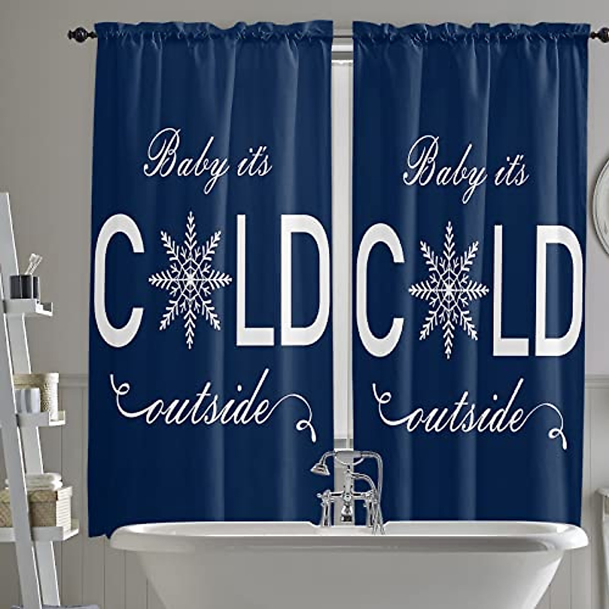 2 Panels Kitchen Curtain 72 Inch Long, Christmas Kitchen Window Curtains Rod Pocket Cafe Curtains Drapes Window Treatment for Bedroom Bathroom Cold Winter Snowflakes Blue Backdrop