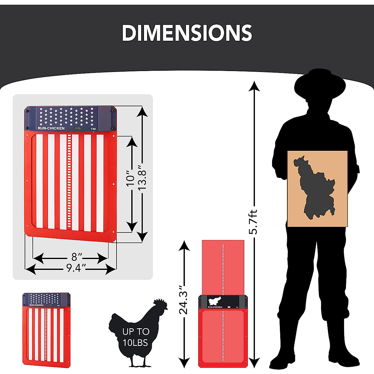 RUN-CHICKEN Automatic Chicken Coop Door Opener with Timer, Programmable Light Sensor, Battery Powered, Delay Options, Aluminum, Model T50, (USA Special)