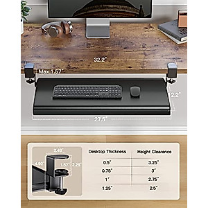 HUANUO Keyboard Tray Under Desk, Ergonomic Large Keyboard Tray with C Clamp, Updated Metal Slide Rail Keyboard Tray Mouse Tray, Pull Out Platform Computer Drawer for Typing, 27.5" W x 12.2" D, Black