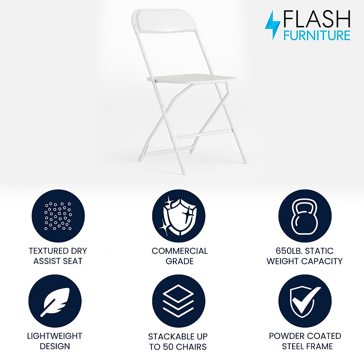 Flash Furniture Hercules Series Plastic Folding Chair - White - 650LB Weight Capacity Comfortable Event Chair - Lightweight Folding Chair