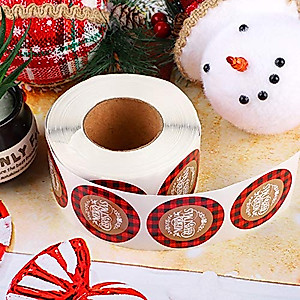 Ruisita 600 Pieces Merry Christmas Stickers Buffalo Plaid Self Adhesive Seals Labels Holiday Seals Stickers for Christmas Favor Gift Cards Envelopes Seals