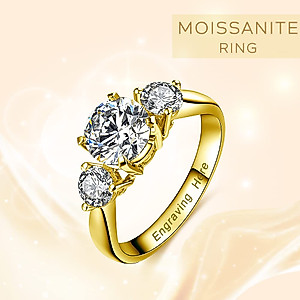 ELFRONT 10K Gold Three Stone Engagement Rings for Women 1.8ct Personalized Moissanite ring 10K Solid Gold Engraving Wedding Rings Fine Jewelry Gifts for Her Wife (Gold, 10K Solid Gold)