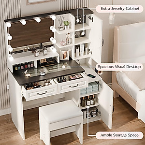 Buytime Farmhouse Makeup Vanity with Charging Station, Vanity Desk with Lights Mirror and Drawers, Glass Top Makeup Vanity with Jewelry Cabinet, Hairdryer Holder and Stool for Bedroom, Off White