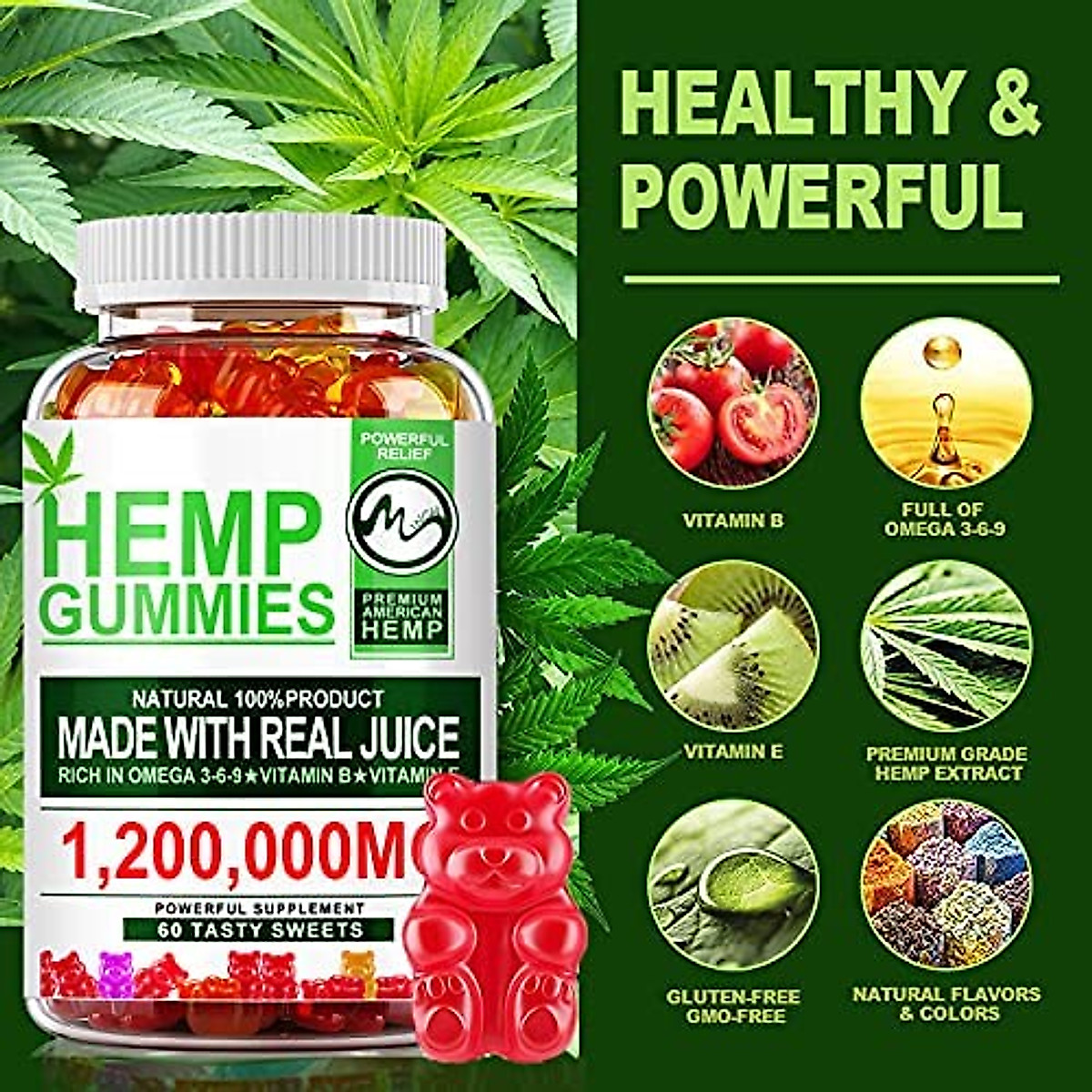 (2 Pack) Hemp Gummies 1,200,000mg High Strength - Fruity Gummy Bear with Hemp Oil, 100% Natural Hemp Candy Supplements