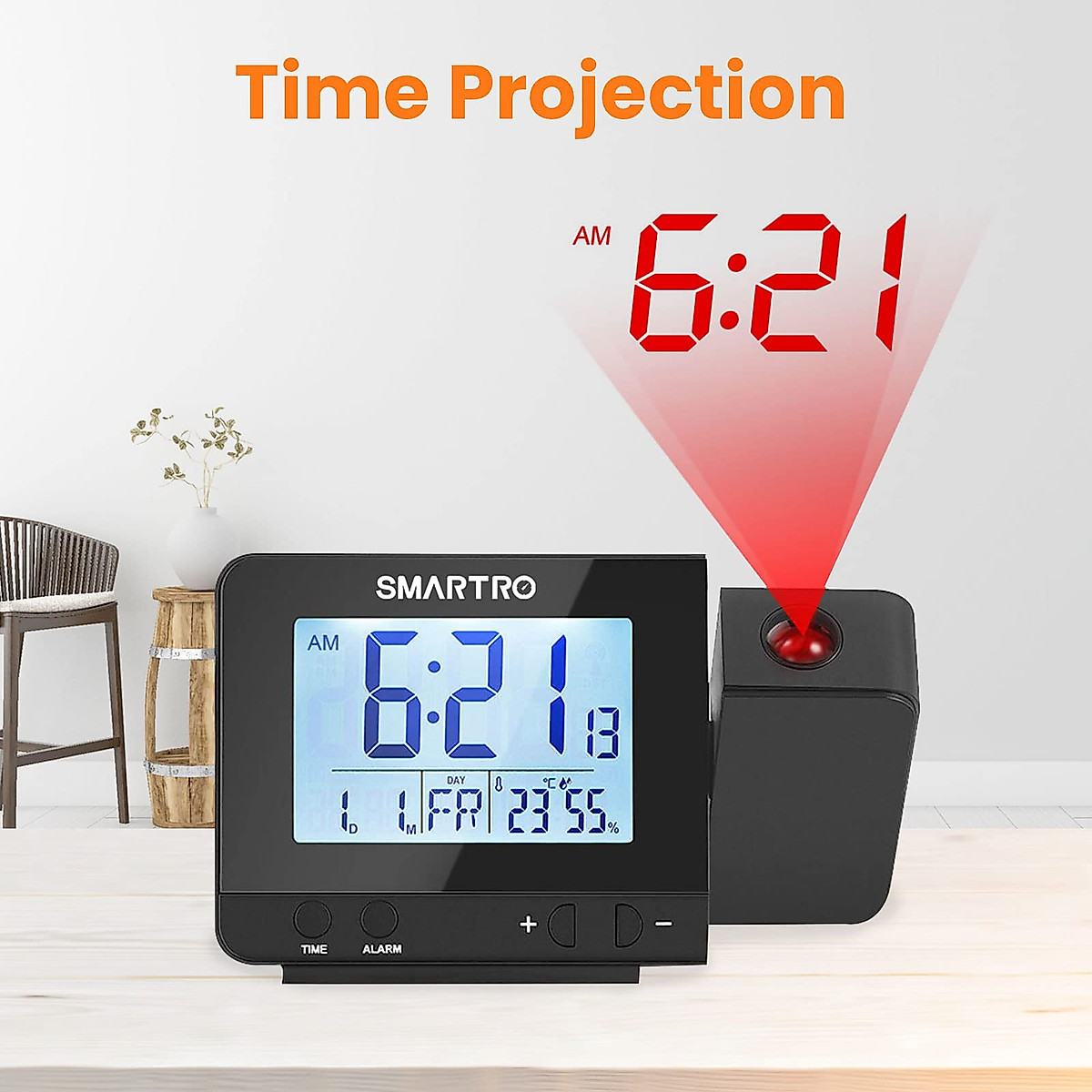 SMARTRO Digital Projection Alarm Clock for Bedrooms with Indoor Thermometer Hygrometer, USB Charger, Bedside Projector, Travel, AC and Battery Operated