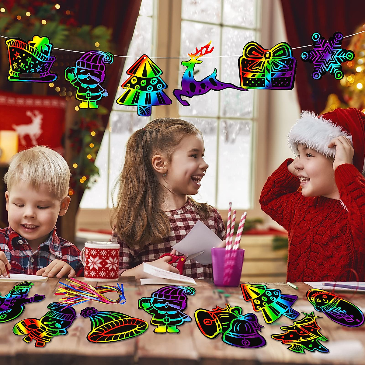 Max Fun Christmas Crafts Scratch Art for Kids, 48PCS Magic Rainbow Scratch Off Paper Cards, Christmas Ornaments Hanging Art for Kids Party Favors Supplies, Stocking Stuffers Educational Toys