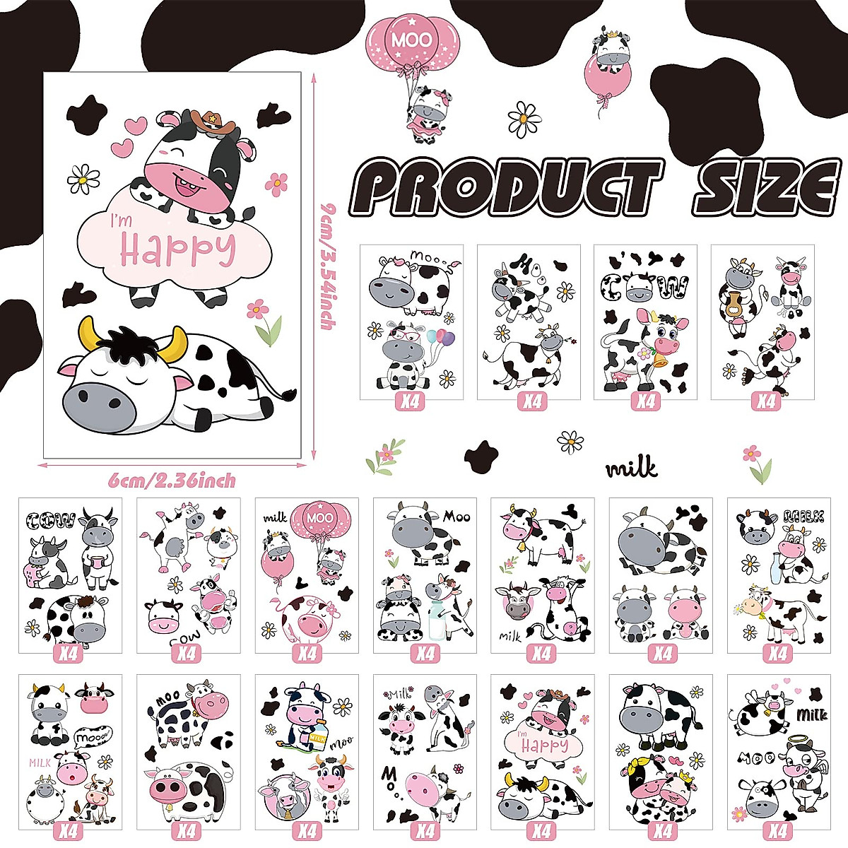 Glenmal 72 Sheet 540 Pcs Cow Temporary Tattoos for Kids, Birthday Party Decorations Party Supplies Favors Cute Cow Tattoo Sticker Style Milk Gift Ideals for Boys Girls Schools Prizes Themed