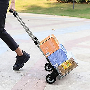 Folding Hand Truck and Personal Dolly, 165lbs Capacity Aluminium Portable Folding Hand Cart with Rubber Wheels and 2 Bungee Cord, Ideal for Home, Auto, Moving, Office, Travel