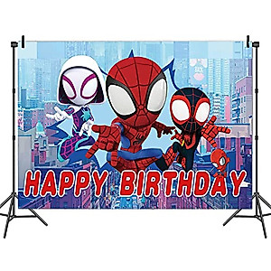 Happy Birthday Theme Red Spider Man Photography Backdrop Cartoon Comics Style Building Scenes Photo Background 5x3ft Children Boys Birthday Party Banner Decors Supplies