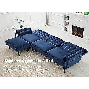 DURASPACE Velvet Sectional Convertible Sofa with Chaise, 107" L Shape Sectional Sofa Couch with USB, Split Back Folding Futon Couches for Living Room (Blue)