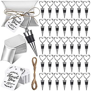 50 Pcs Wine Stoppers Heart Shaped Wedding Favors for Guests Silver Love Heart Bottle Stopper for Champagne Beer with Thank You Labels Candy Gift Box
