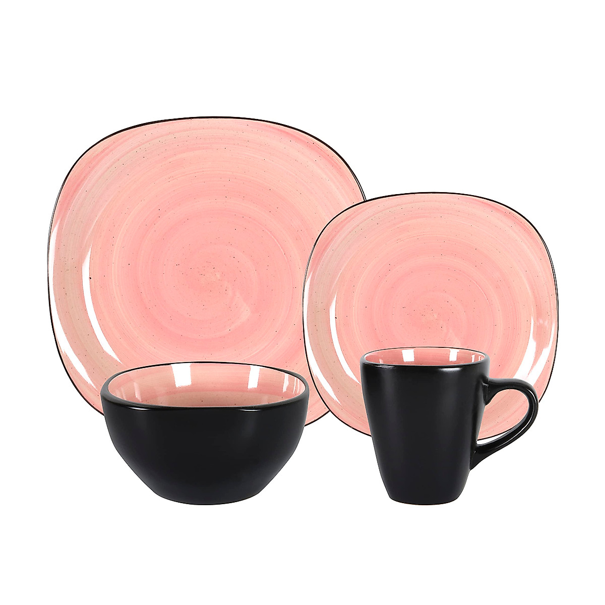 HomeVss, Stoneware Square 16pc Dinnerware Set, Inside Spinwaseh Swirl Rose + Outside Black