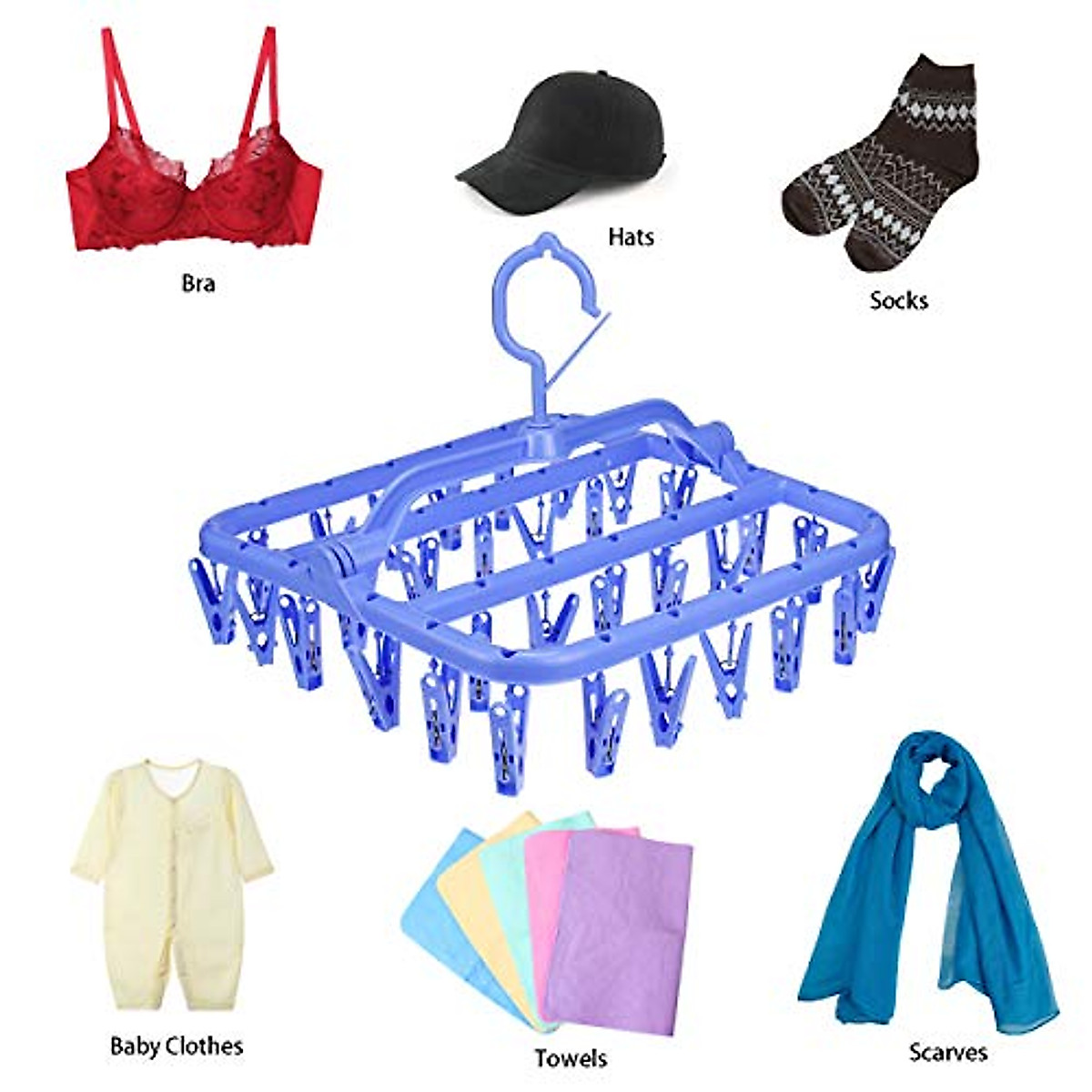 HAPY SHOP Foldable Laundry Hanger Drying Rack,Plastic Laundry Clip with 32 Clips,Clip Hanger Drip Drying Hanger Underwear Hanger with Clips for Socks, Bras, Lingerie, Clothes,Towel,Scarf,Blue