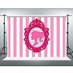 VIDMOT Pink White Stripes Backdrop Doll Head Photo Frame Glamour Girl Photography Background Christmas Party Decor 7x5ft Pink Party Backdrop Photo Booth Banner for Cake Table Supplies LSVV1009