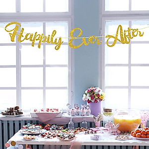 Dill-Dall Gold Glitter Happily Ever After Banner for Wedding Bachelorette Bridal Shower Engagement Party Hanging Decorations Sign