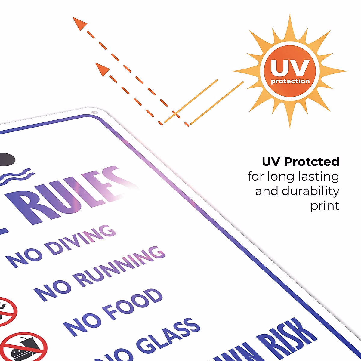 Pool Rules Sign, No Diving No Running No Food No Glass, 10x14 Inches, Rust Free .040 Aluminum, Fade Resistant, Made in USA by Sigo Signs