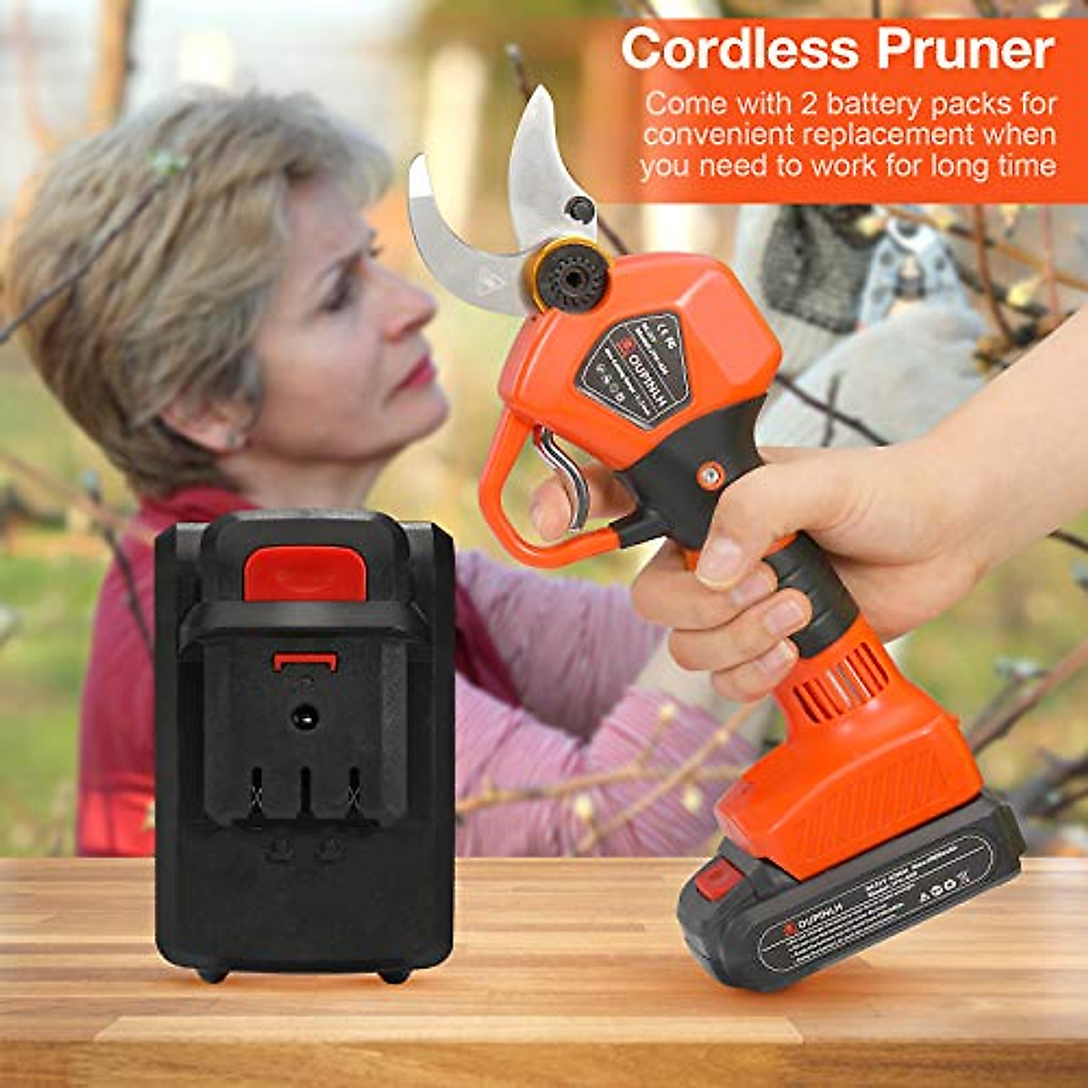 OUPINLH Electric Pruning Shears with 2 Pcs 21V Compact Battery 2000mAh 1.2 Inch(30mm) Cutting Diameter Cordless Battery Powered Pruner for Garden Branch 6-8 Working Hours