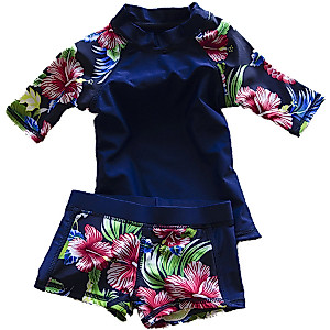 Baby Girls Kids Toddler Two Piece Round-Neck Rash Guard UV Sun Protection Swimsuit (2-3 Years, Navy)