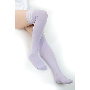 SERICI Thigh-High Socks | Womens Striped Cotton Thigh High Tube Sock | Over Knee Boot Socks (Pink, Baby Blue, Lilac)