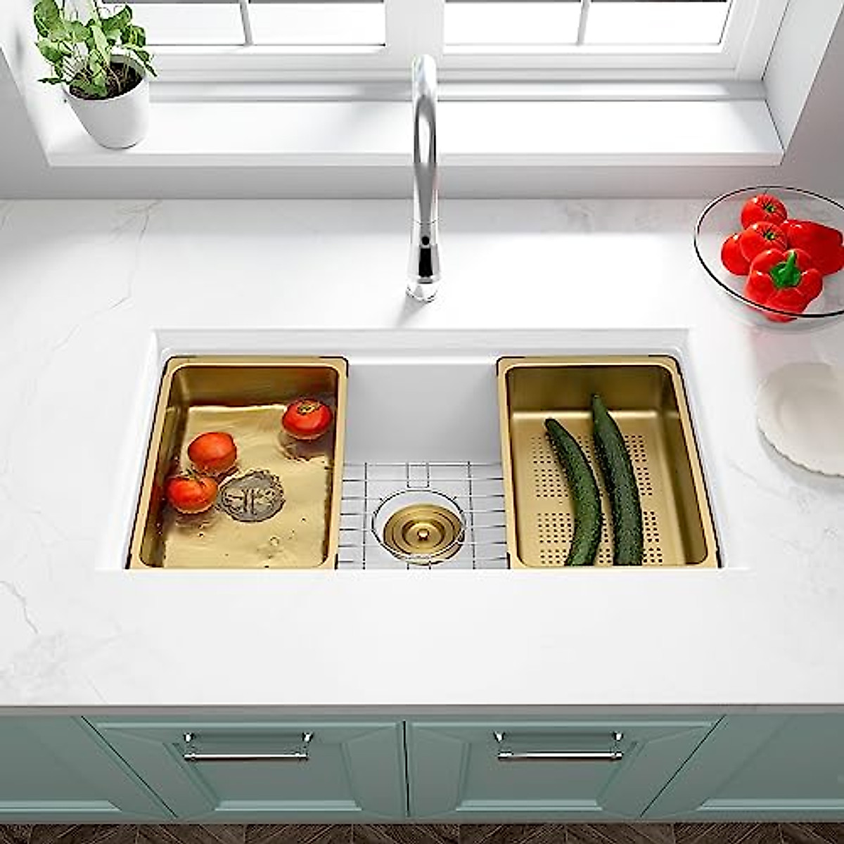 YAQUN Undermount Kitchen Sink, Deep Workstation Stone Kitchen Sink, Single Bowl Kitchen Sinks (White, 30" x 18")