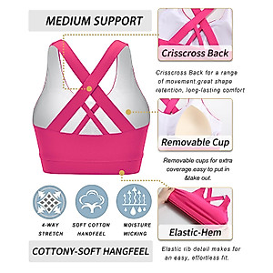 RUNNING GIRL Sports Bra for Women, Criss-Cross Back Padded Strappy Sports Bras Medium Support Yoga Bra with Removable Cups(2575_Hot pink_M)