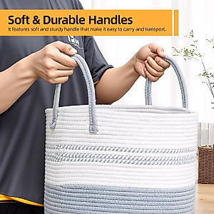 WEAVELYRICS 72L Tall Laundry Basket, Cotton Rope Laundry Hamper, Laundry Hamper with Handles, Decorative Woven Basket for Dirty Clothes, Blankets, Pillows in Bathroom, Bedroom (Gray, 16 x 22in)