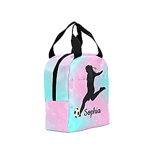 CUXWEOT Personalized Lunch Bags for Boys Girls Lunch Boxes Tote Reusable Meal Container with 2 Pockets for Office Work Picnic Cute Girls Soccer