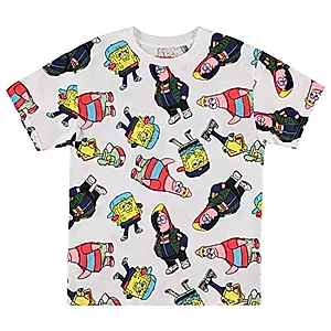 Mens Spongebob Squarepants Classic Shirt - Spongebob, Patrick, Squidward & Krusty Krab Allover Print T-Shirt (White, Medium)