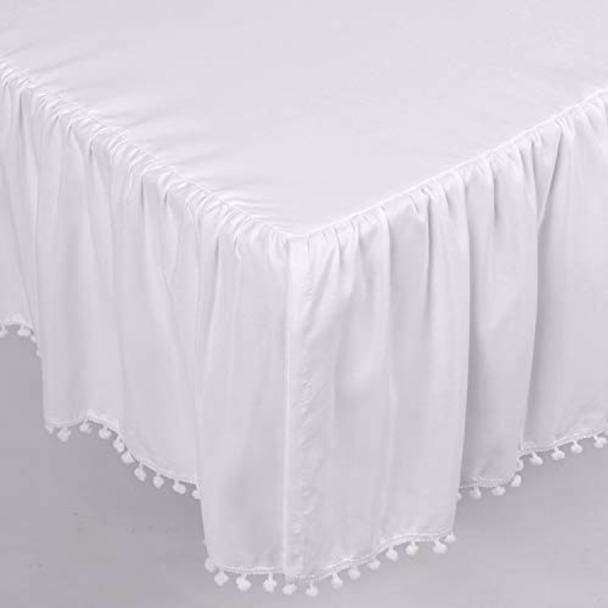 TILLYOU Ruffled Crib Skirt with Pompoms, Microfiber Nursery Crib Toddler Bedding Skirts for Baby Boys Girls, 14'' Drop, White