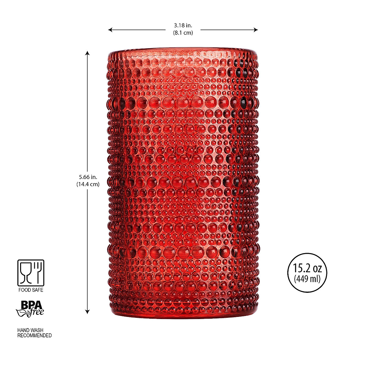 Glaver's Hobnail Drinking Glasses Set of 4 Red Vintage Glassware. 15 Oz. Everyday and Holiday Dinner Beaded Drinking Glasses for Water, Juice, Cocktail.