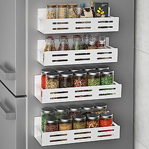 MFTEK Magnetic Spice Rack Organizer, 4 Pack Hanging Spice Rack for Refrigerator and Microwave Oven, Moveable Space Saving Fridge Shelf for Metal Cabinet, Black