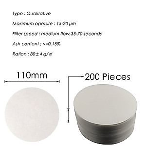 HeyWin 200 Packs Qualitative Filter Paper Chemistry,Diameter of 110mm Filter Paper Circles,Medium Speed,Used in the Vacuum Filter,also for Funnel,etc