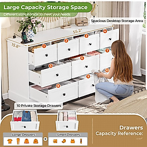Hasuit White Dresser for Bedroom with 10 Drawers, 55.2" Long Drawer Dresser with Charging Station, Farmhouse Dresser Chest of Drawers, Large Wooden Storage Tower Organizer, Dresser for Bedroom Closet