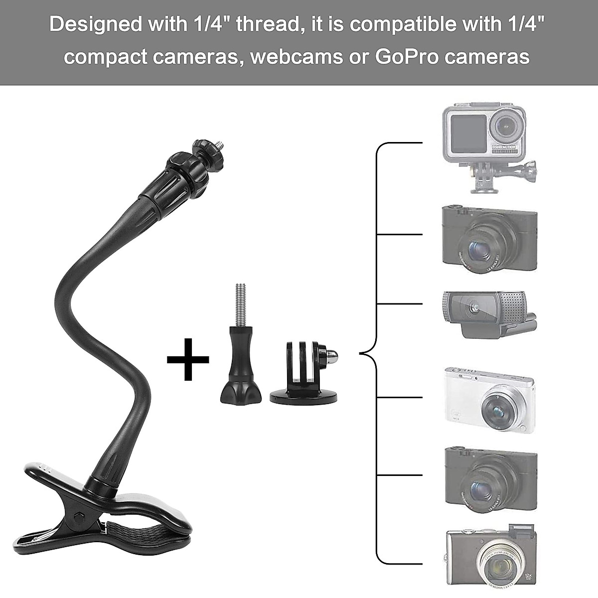 Flexible Jaws Clamp Mount for GoPro Webcam Stand Holder Desk Table Clip with 1/4” Screw Thread 360° Ball Head Compatible with Logitech Webcam/DJI Action Cameras