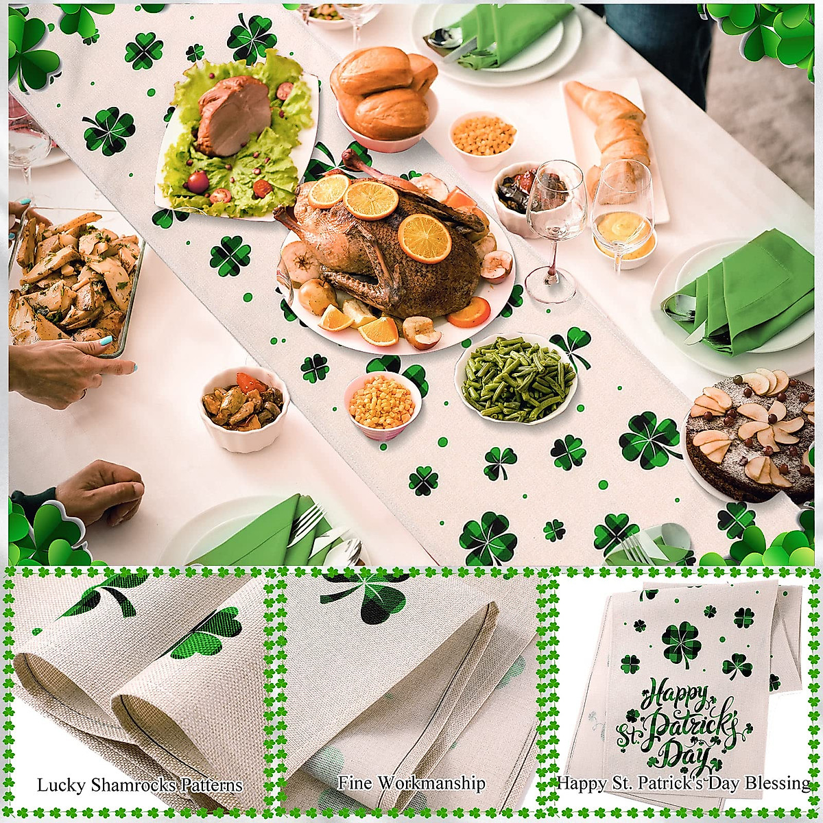 2 Pack St. Patrick's Day Table Runner Lucky Shamrocks Table Runner Irish Burlap Table Runners Lucky Clover Table Runners for St. Patrick's Day Spring Wedding Shower Dinner Party Supplies 13 x 72 inch
