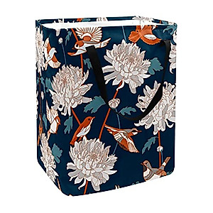 Flying Birds on Chrysanthemum Print Collapsible Laundry Hamper, 60L Waterproof Laundry Baskets Washing Bin Clothes Toys Storage for Dorm Bathroom Bedroom
