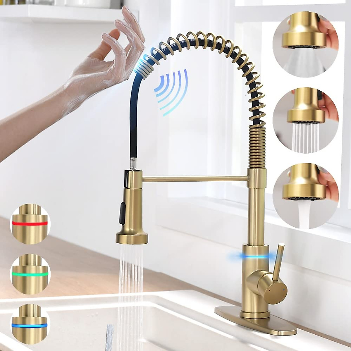 VIDEC Smart Kitchen Faucet, 3 Modes Pull Down Sprayer, Smart Touch On Sensor Activated, LED Temperature Control, 360-Degree Rotation, 1 or 3 Hole Deck Plate. (KW-66J, Brushed Gold, 17.90 Inches)