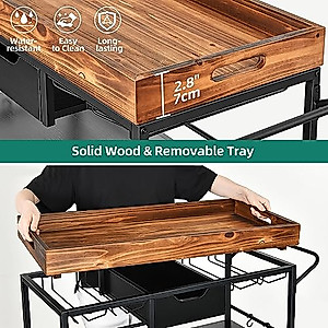 YITAHOME Industrial Bar Carts for The Home, Mobile Wine Serving Bar Cart on Wheels with Removable Wood Top Tray, 3 Tier Kitchen Cart Outdoor Mini Bar Home Bar with Drawer Wine Rack Glass Holder