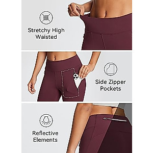 BALEAF Women's Fleece Lined Leggings Water Resistant High Waisted Winter Cold Weather Running Gear Zip Pockets Wine Red M